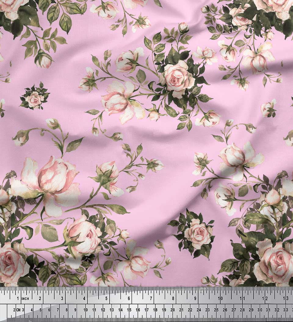 Soimoi Pink Velvet Fabric Leaves & Rose Floral Printed Fabric 1 Yard 58 ...