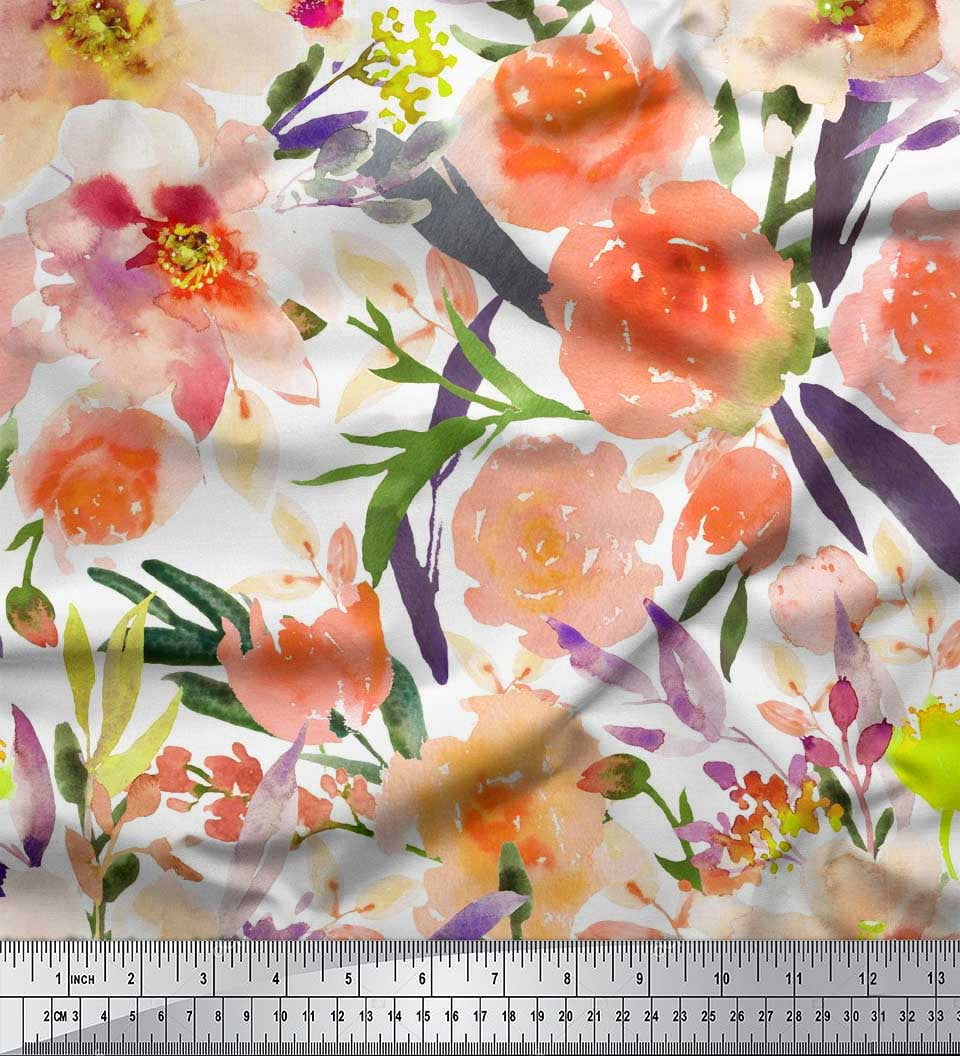 Soimoi Poly Georgette Fabric Flower & Leaves Watercolor Fabric Prints ...