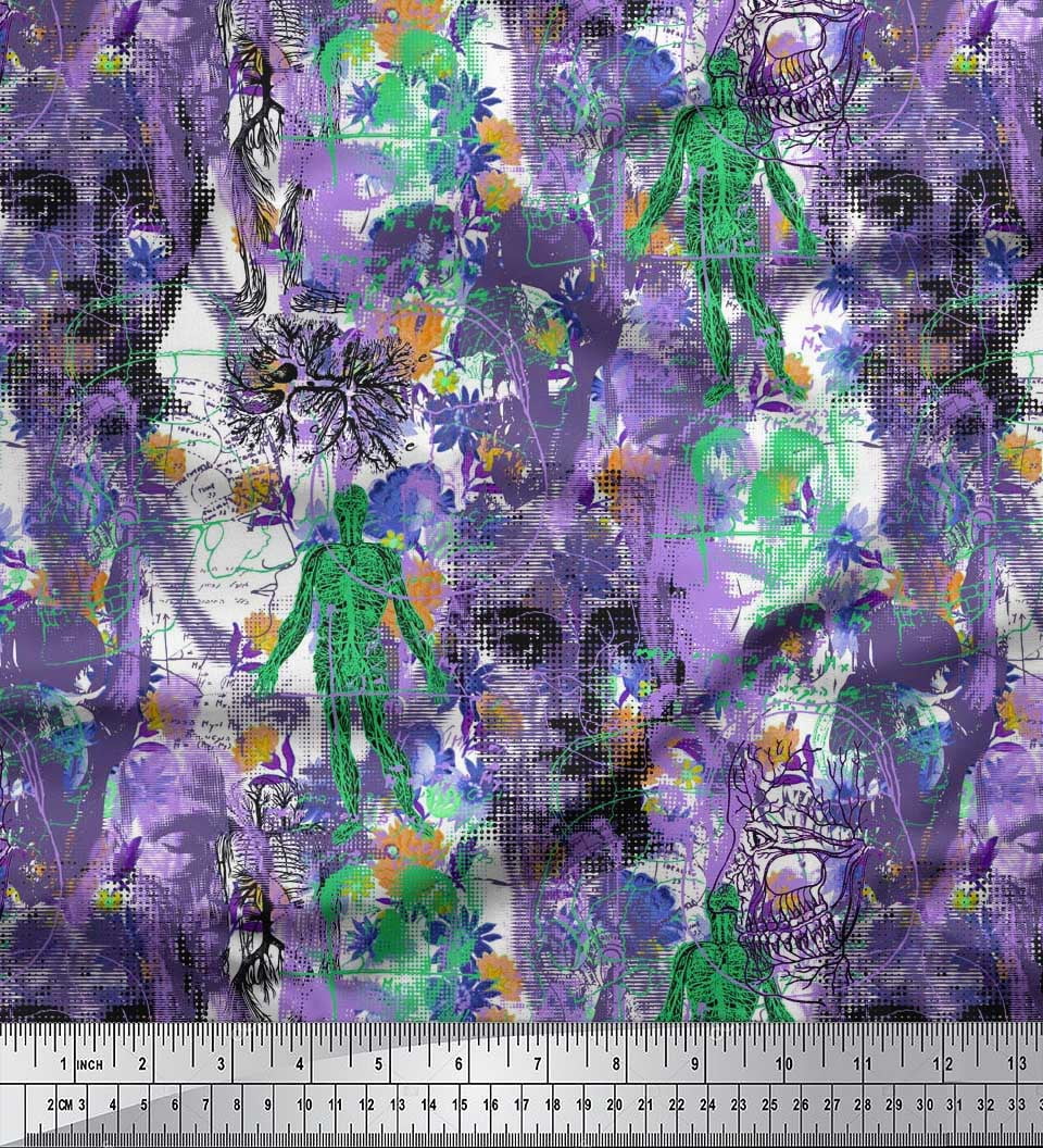 Soimoi Polyester Crepe Fabric Human Body & Skull Halloween Print Fabric ...