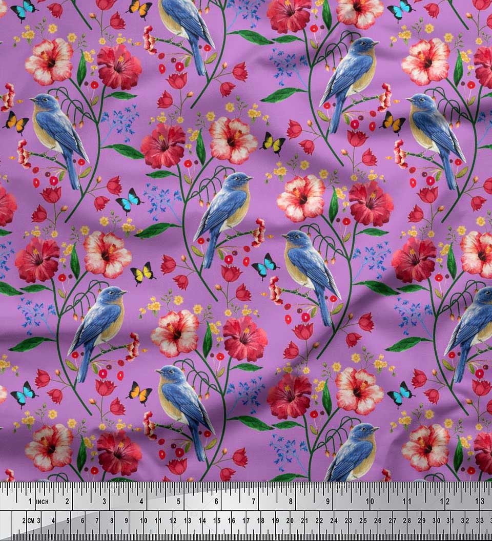 Soimoi Purple Cotton Duck Fabric Insect,Floral & Bluebird Bird Fabric ...