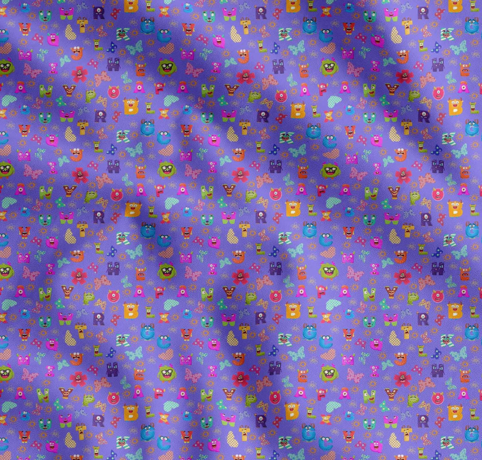 Soimoi Purple Cotton Poplin Fabric Insect,Sun & Cartoon Alphabets Text ...