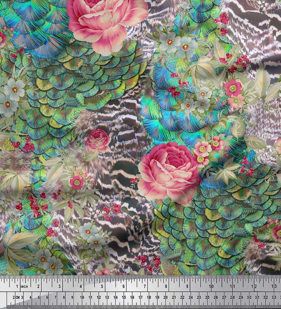 Soimoi Purple Viscose Chiffon Fabric Peacock & Fish Animal Skin Printed ...