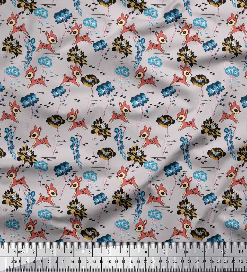 Soimoi Rayon Fabric Floral,Fish & Deer Cartoon Print Fabric by The Yard ...