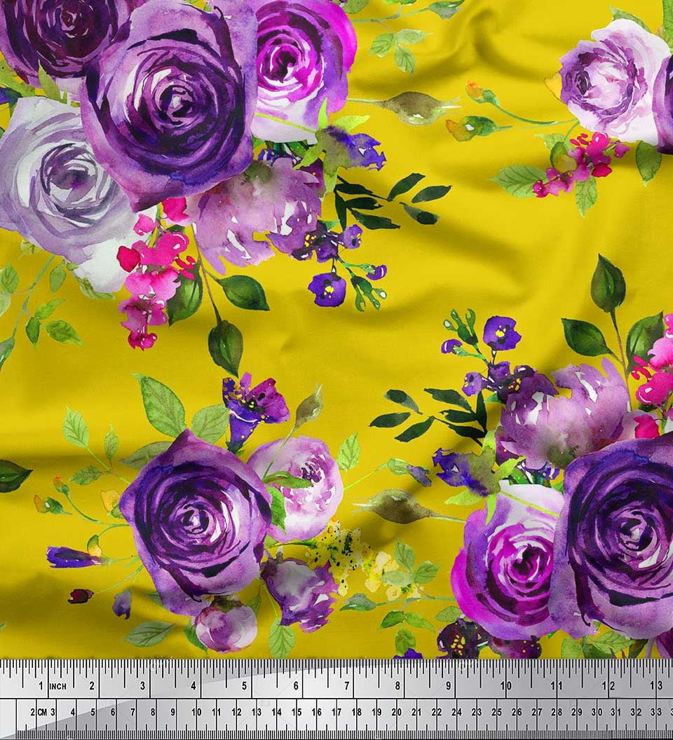 Soimoi Rayon Fabric Leaves & Rose Flower Print Sewing Fabric Yard 42 ...