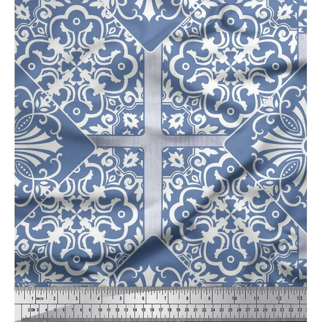 Soimoi Rayon Fabric Square & Damask Patchwork Print Fabric by The Yard ...