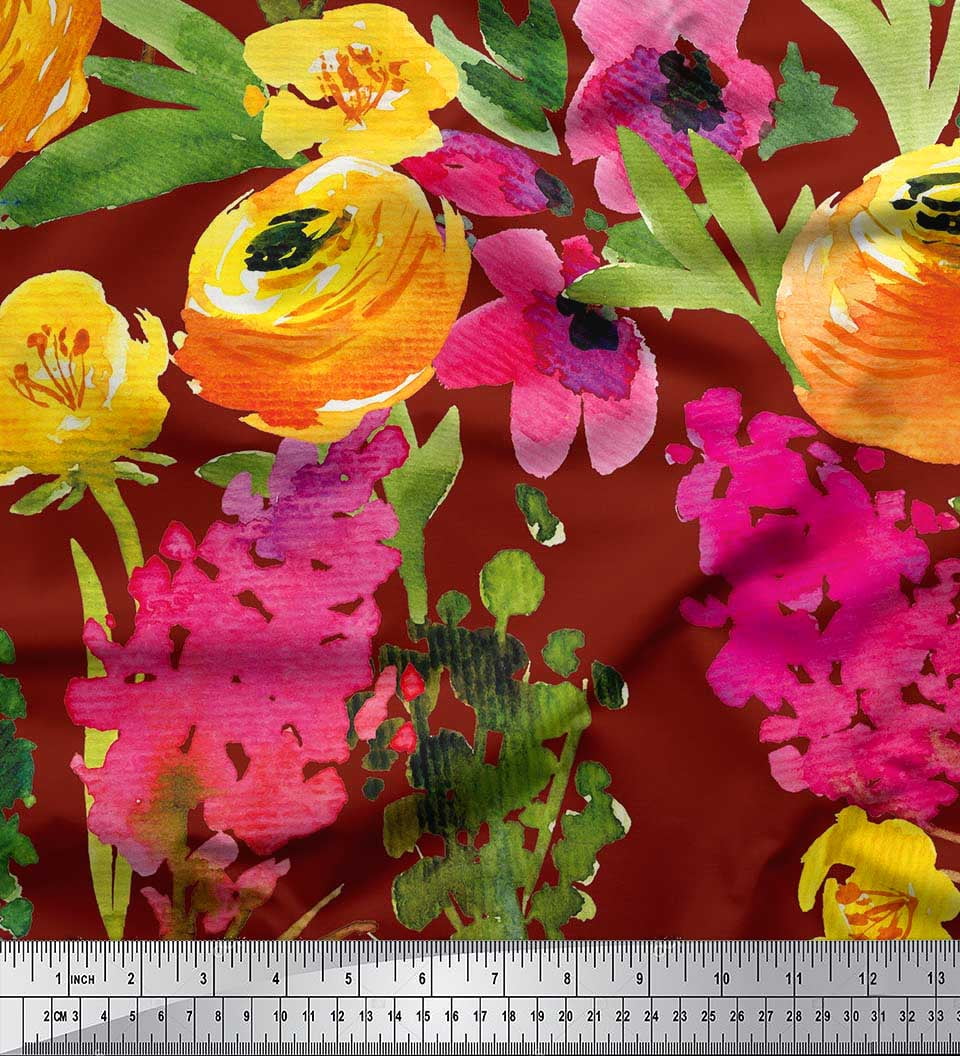 Soimoi Red Velvet Fabric Leaves & Floral Print Sewing Fabric BTY 58 ...