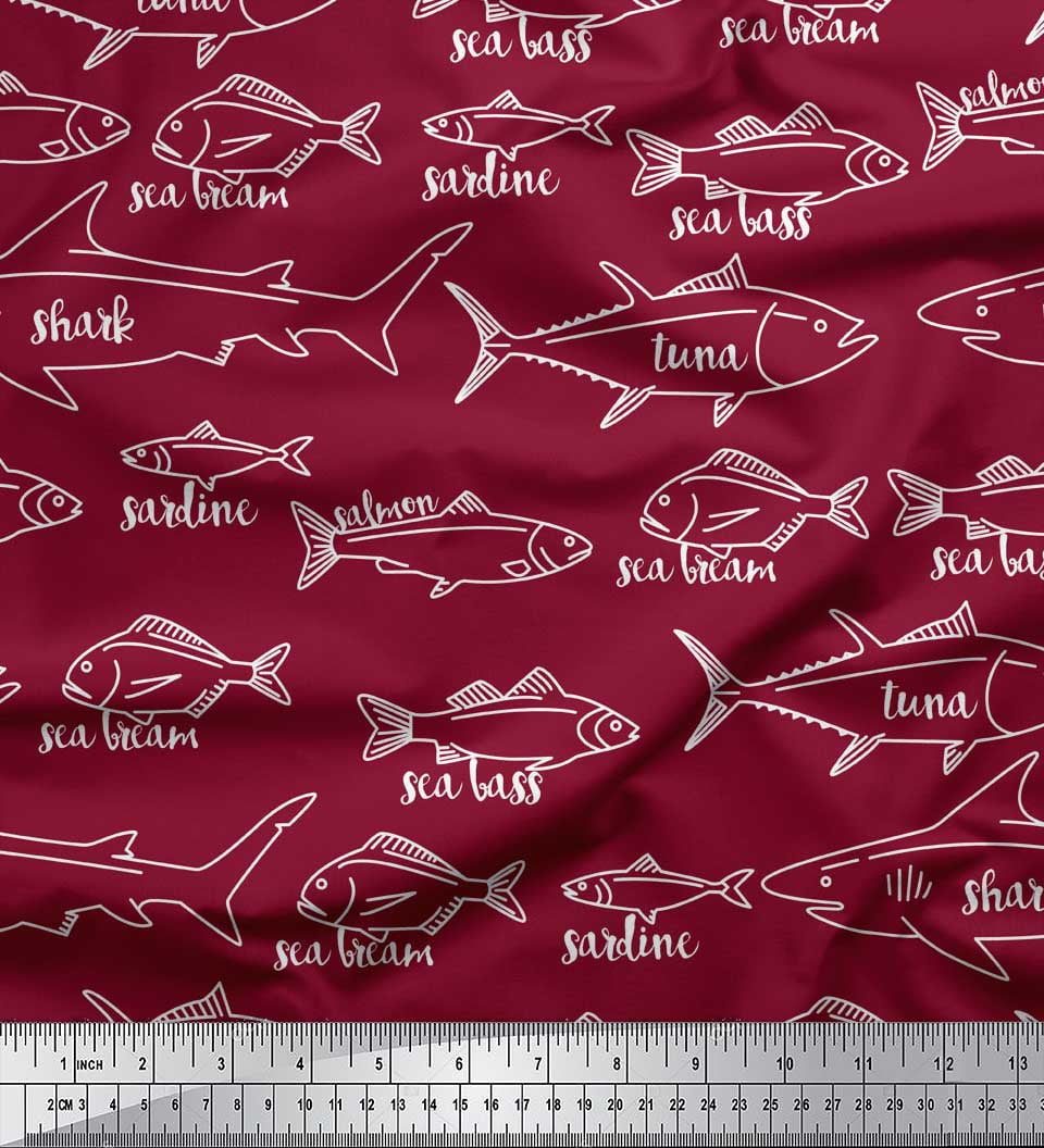Soimoi Red Viscose Chiffon Fabric Fish Ocean Print Fabric by the Yard ...