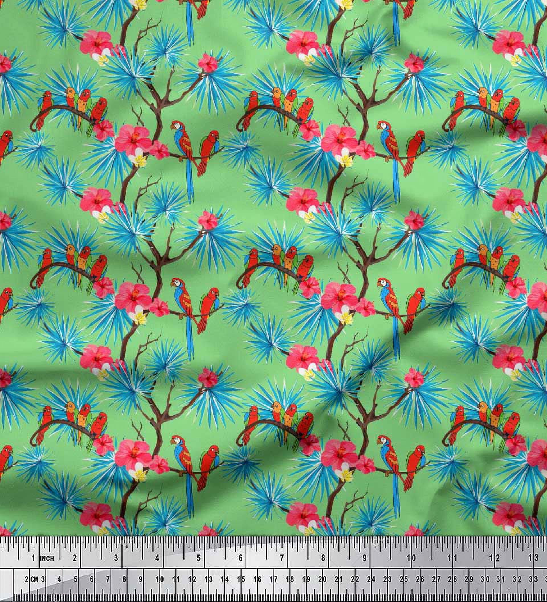 Soimoi Satin Silk Fabric Leaves,Floral & Macaw Parrot Bird Print Fabric ...