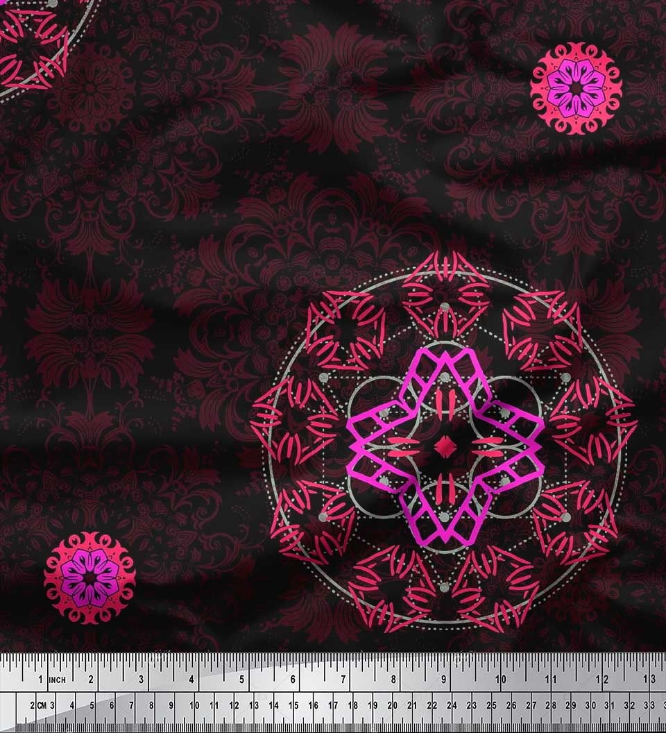 Soimoi Satin Silk Fabric Sacred Geometry & Filigree Damask Print Fabric ...