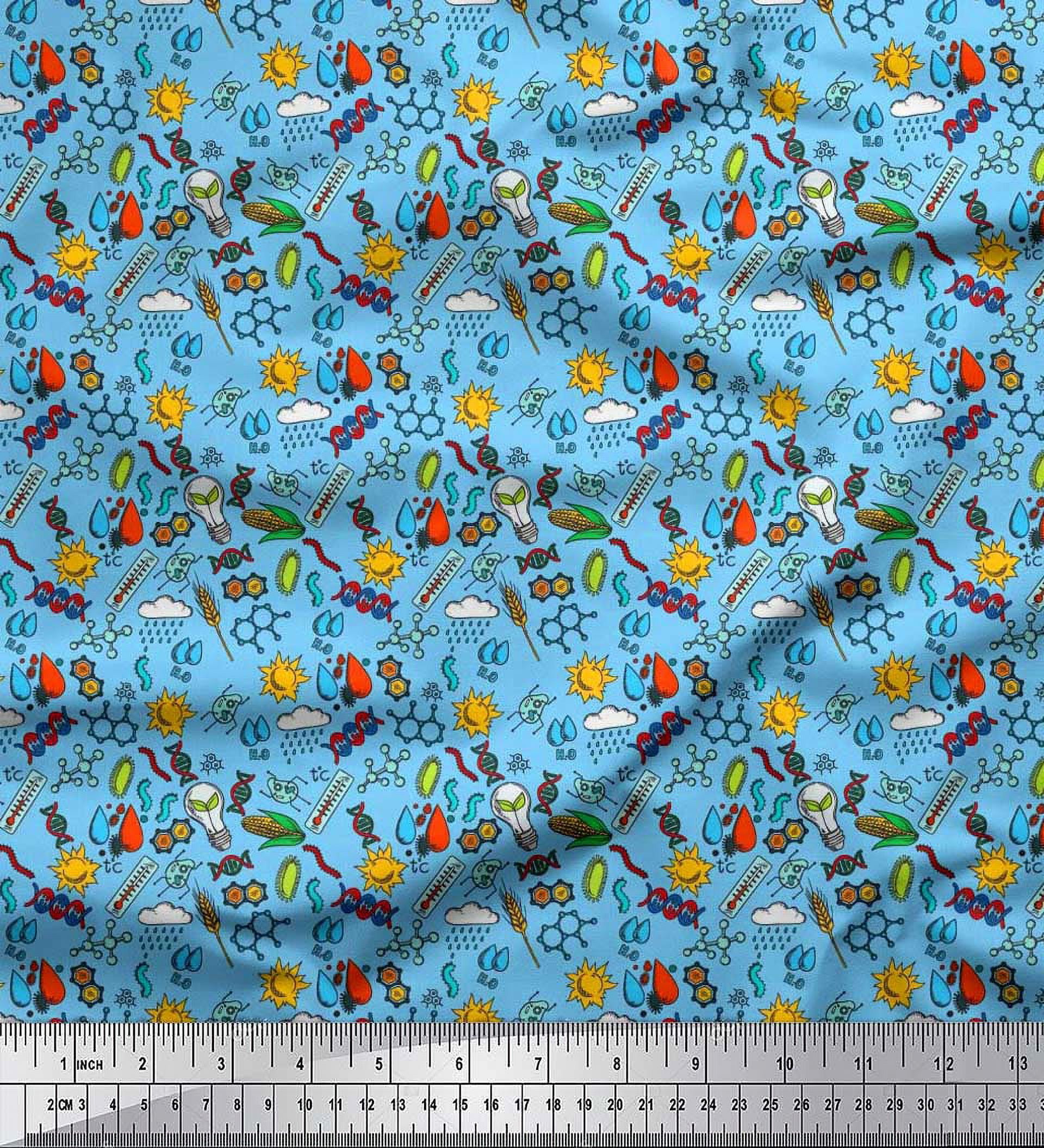 Soimoi Satin Silk Fabric Sun,Raindrop & Scientific Formula Diagram ...