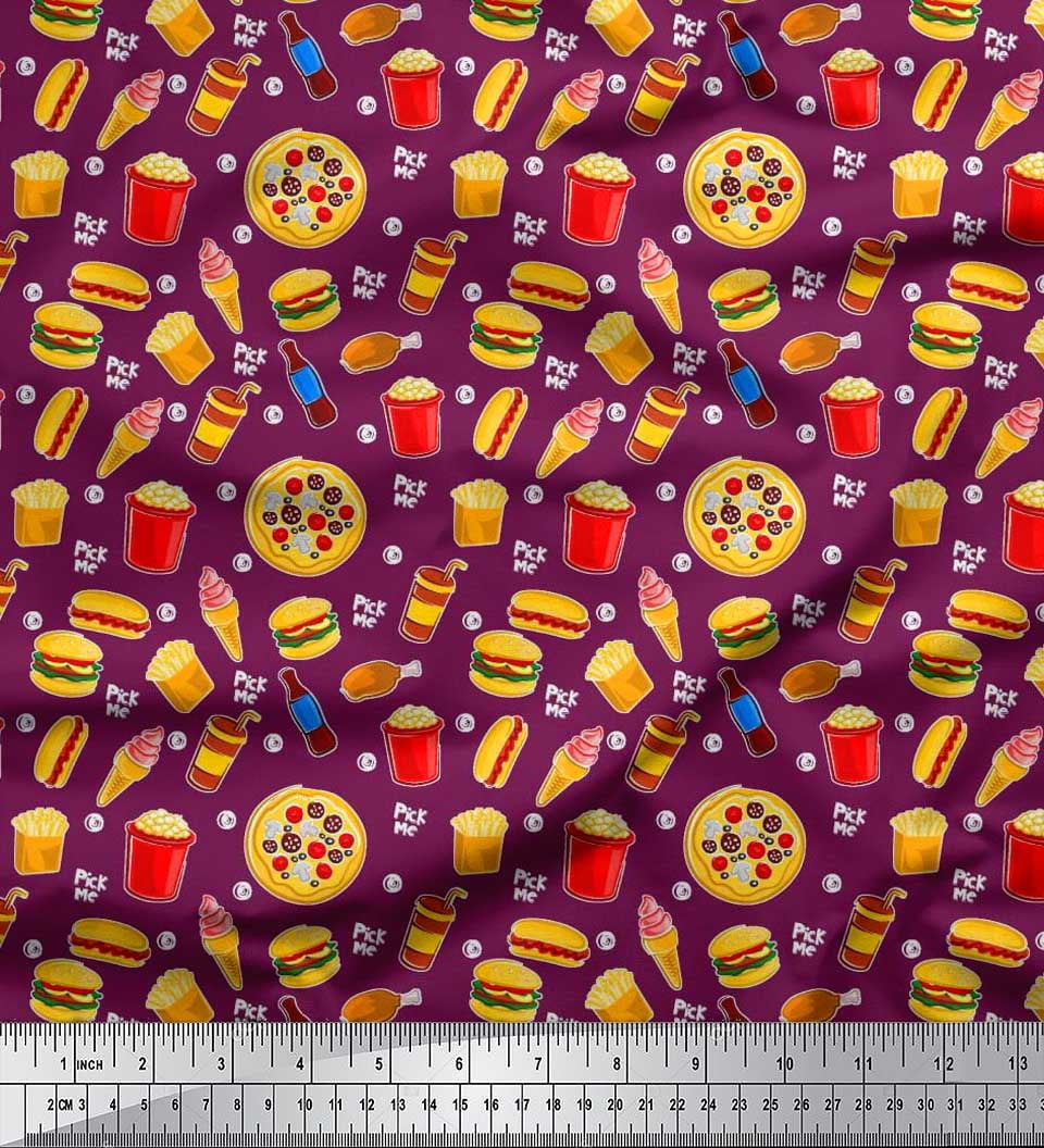 Soimoi Silk Fabric Cold Drink,Pizza & Burger Food Print Fabric by Yard ...