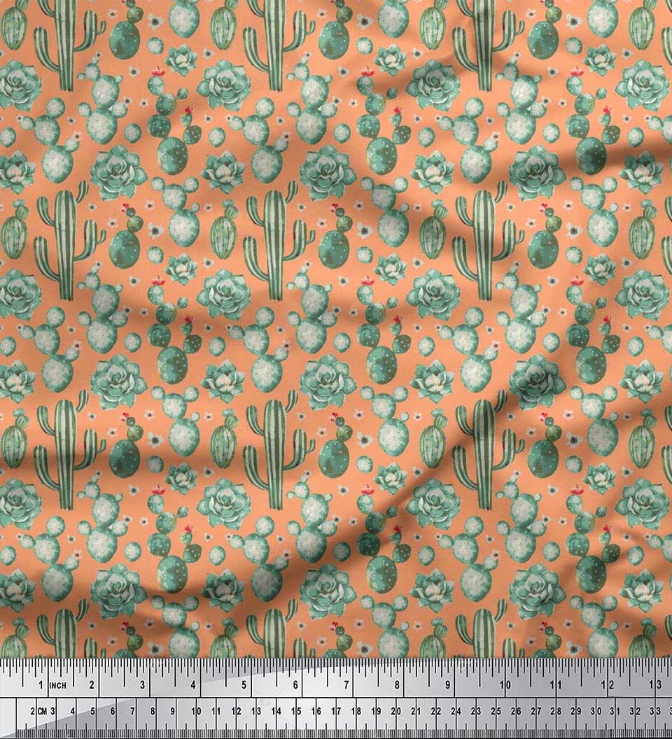 Soimoi Silk Fabric Floral,Succulents & Cactus Tree Print Fabric by The ...