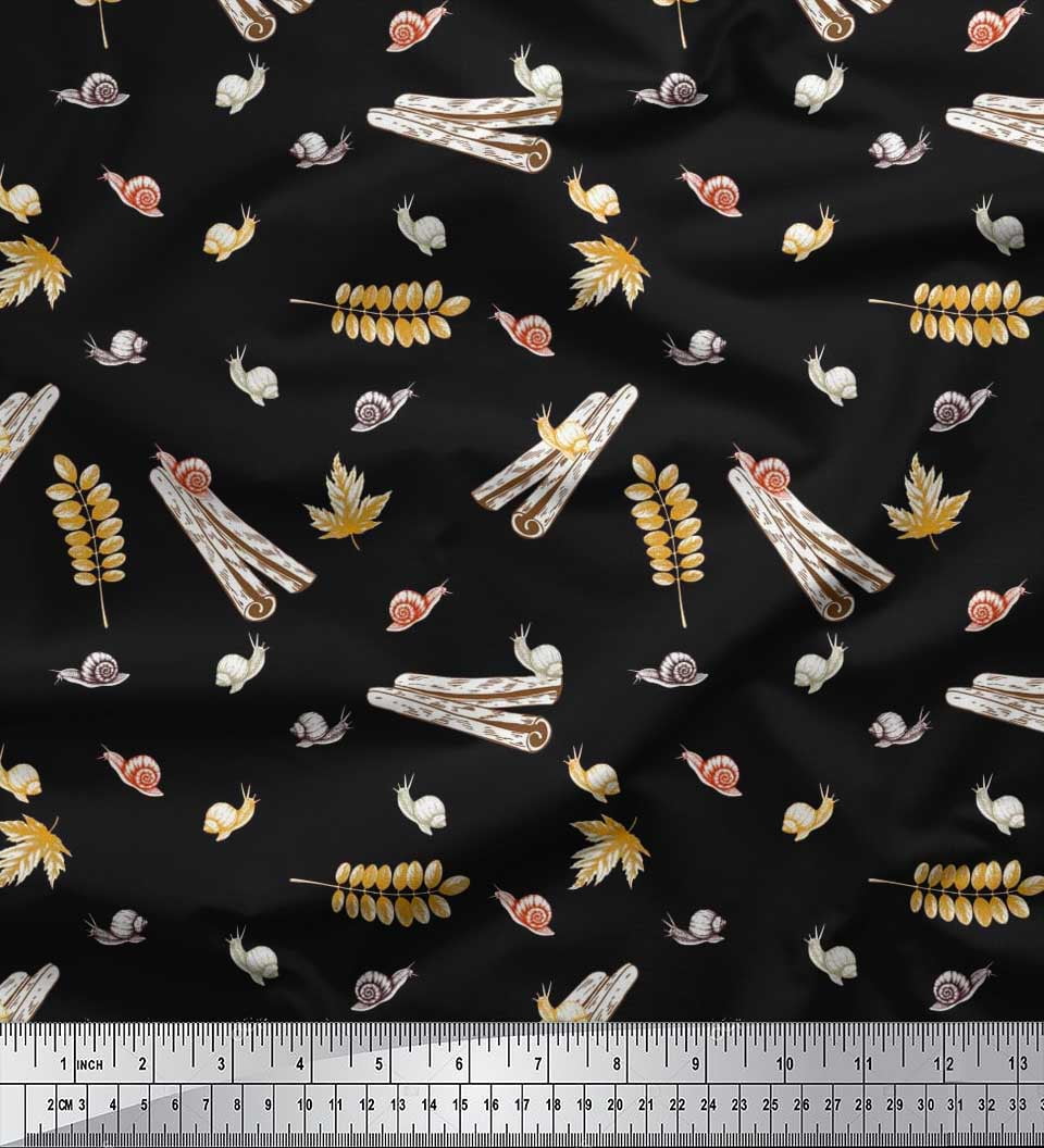 Soimoi Silk Fabric Leaves,Cinnamon & Snail Insects Print Fabric by the ...