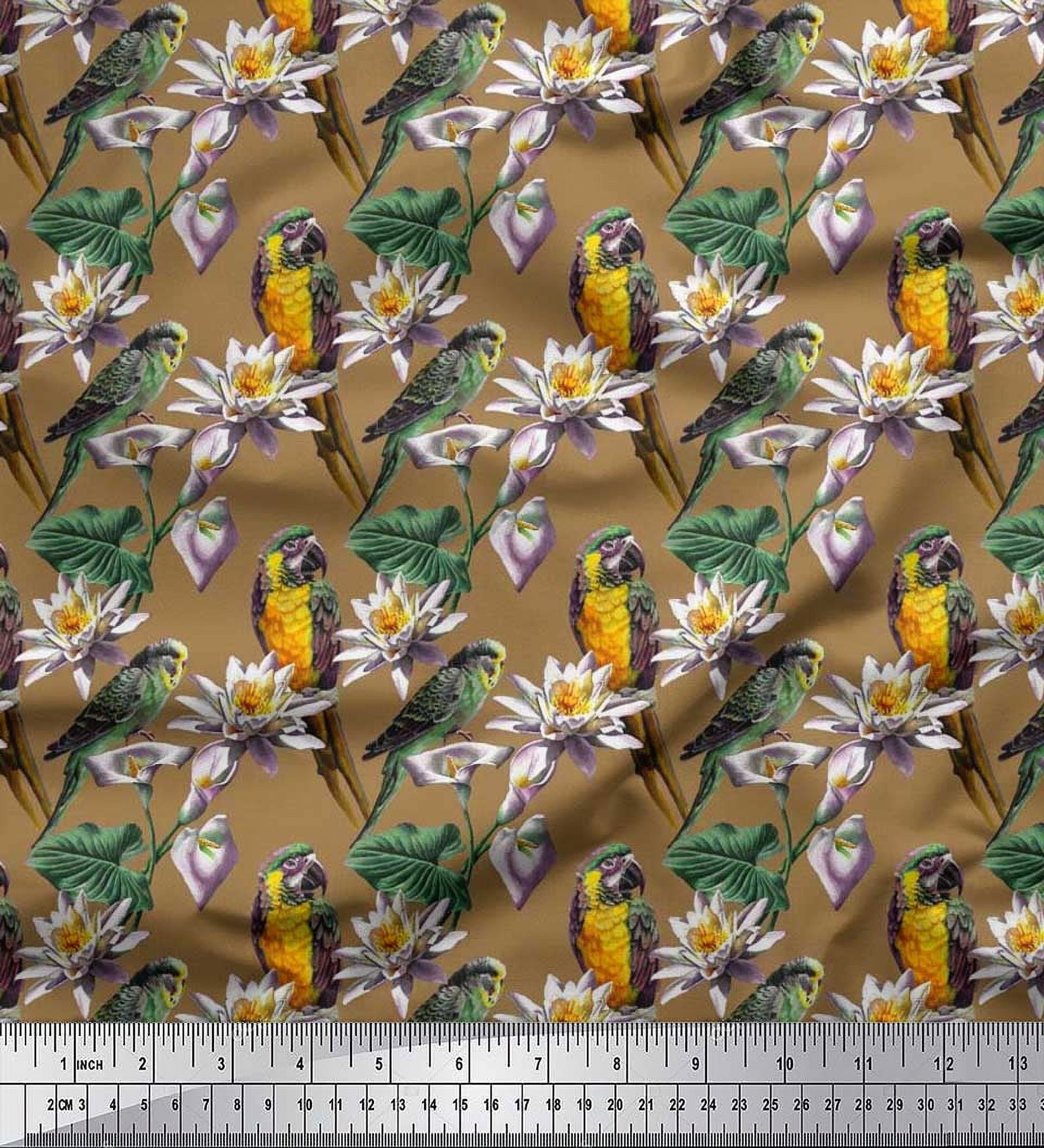 Soimoi Silk Fabric Macaw Parrot,Leaves & Waterlily Floral Print Fabric ...