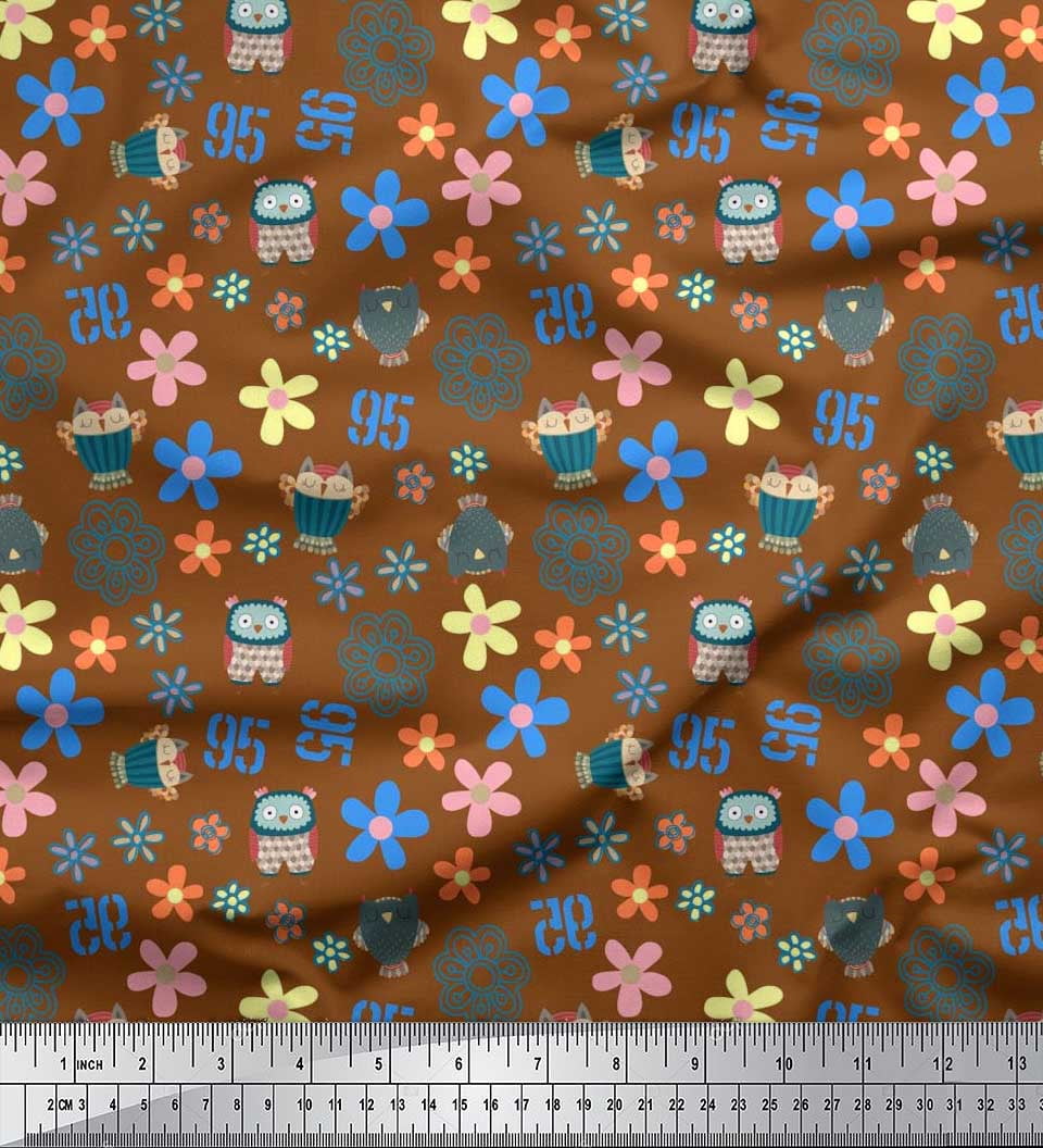 Soimoi Silk Fabric Owl, Numbers & Floral Clip Art Printed Craft Fabric ...