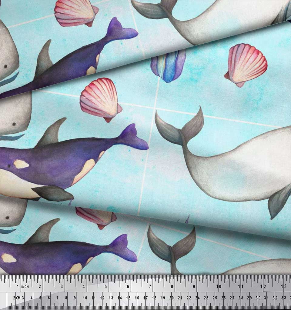 Soimoi Silk Fabric Shell & Whale Fish Ocean Print Sewing Fabric Yard 42 ...