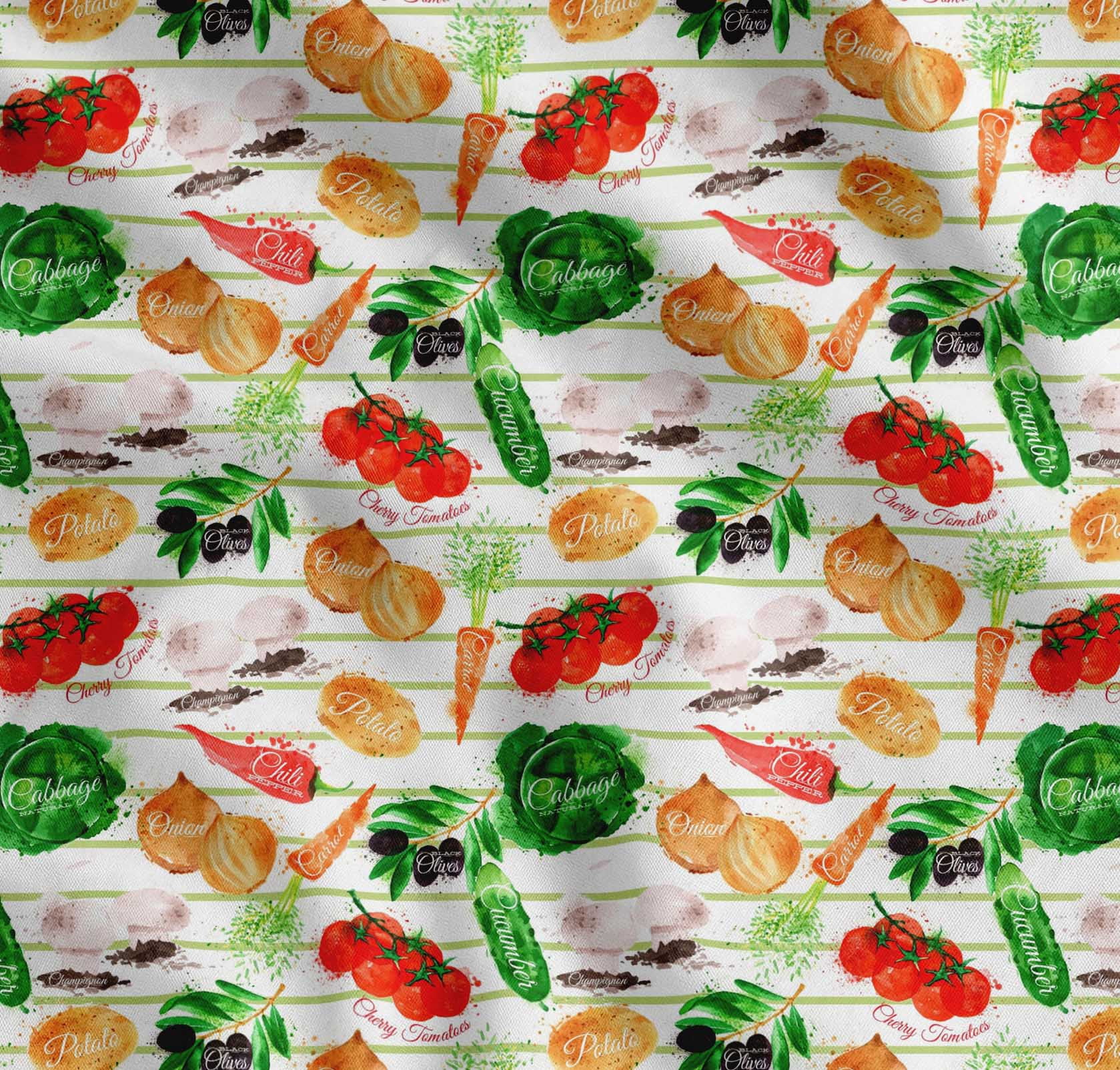 Soimoi White Cotton Cambric Fabric Stripe & Mixed Veggies Vegetable ...