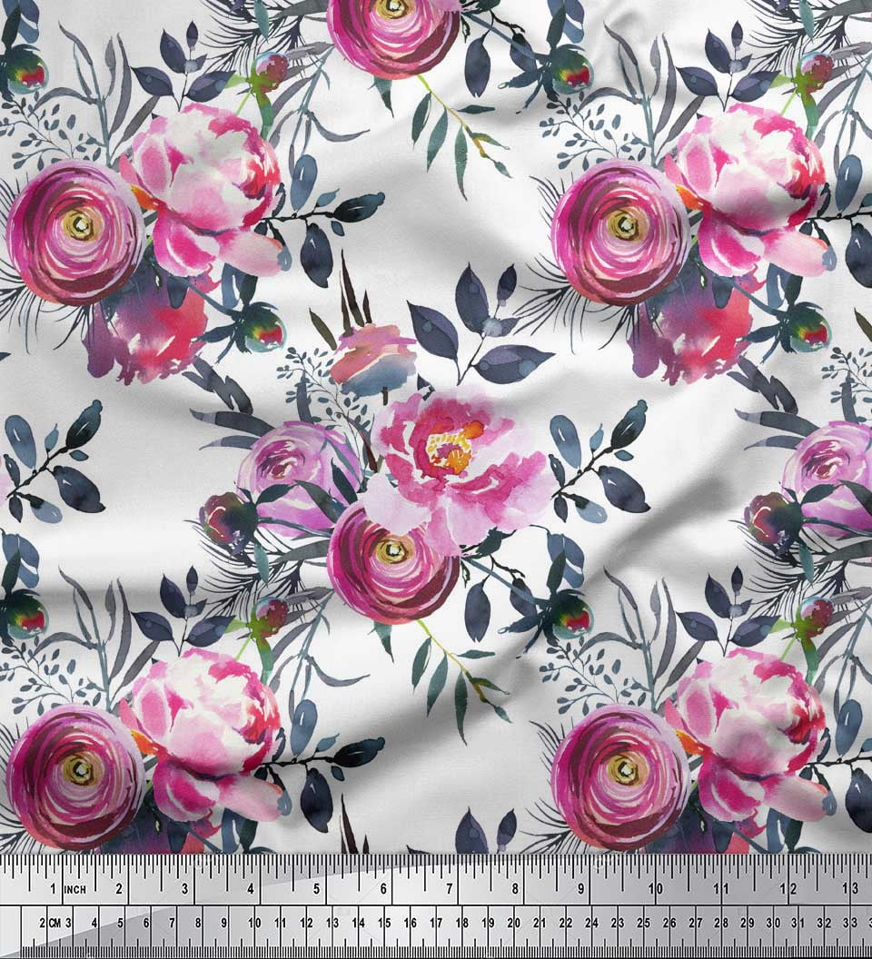 Soimoi White Cotton Jersey Fabric Ranunculus & Penoy Floral Printed ...