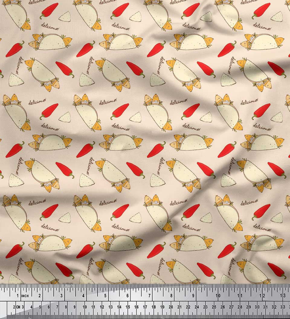 Soimoi White Cotton Poplin Fabric Red Chilli & Tacos Food Printed Craft ...