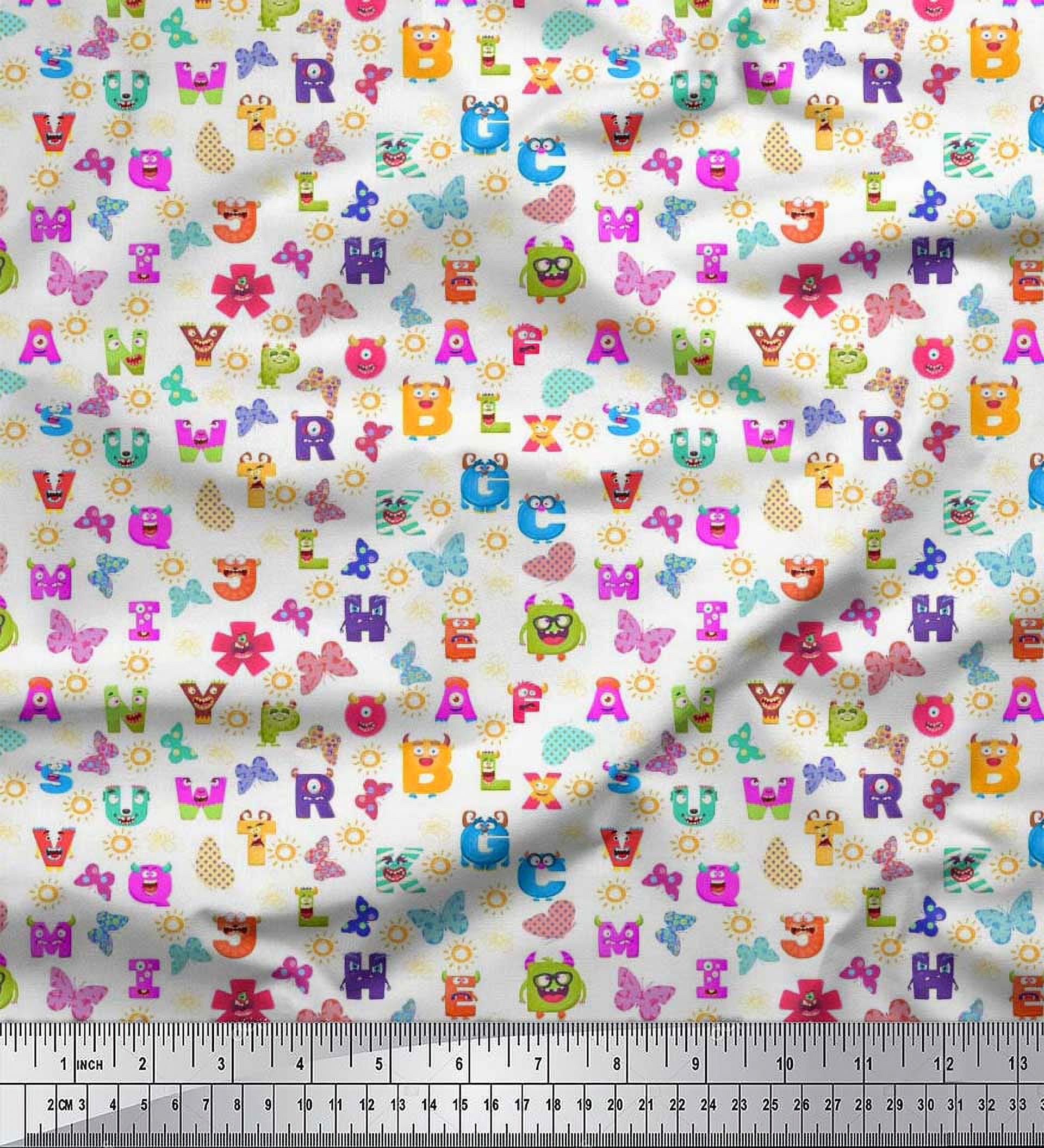 Soimoi White Polyester Crepe Fabric Insect,Sun & Cartoon Alphabets Text ...