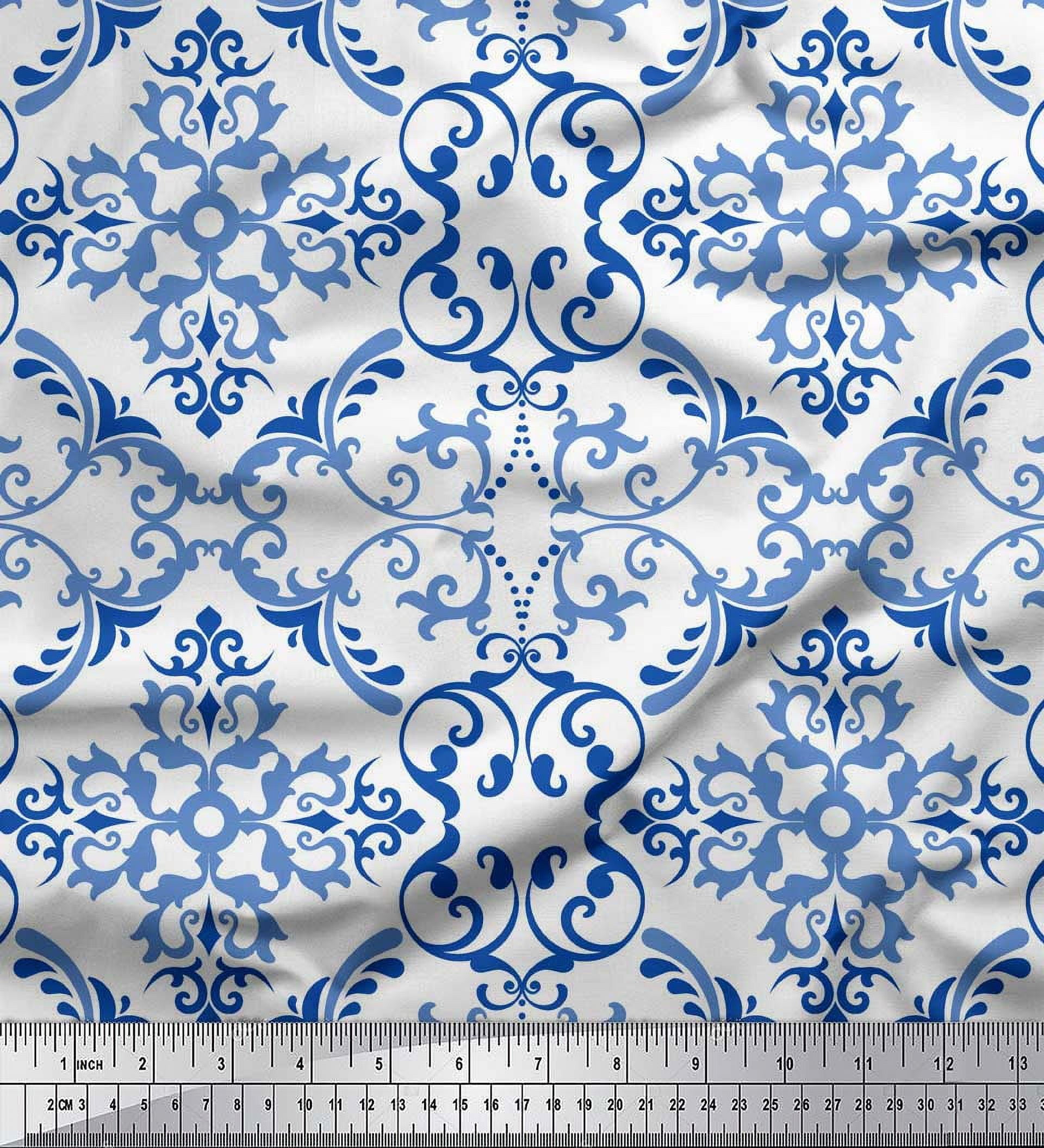 Soimoi White Rayon Fabric Vector Design Damask Print Fabric by the Yard ...
