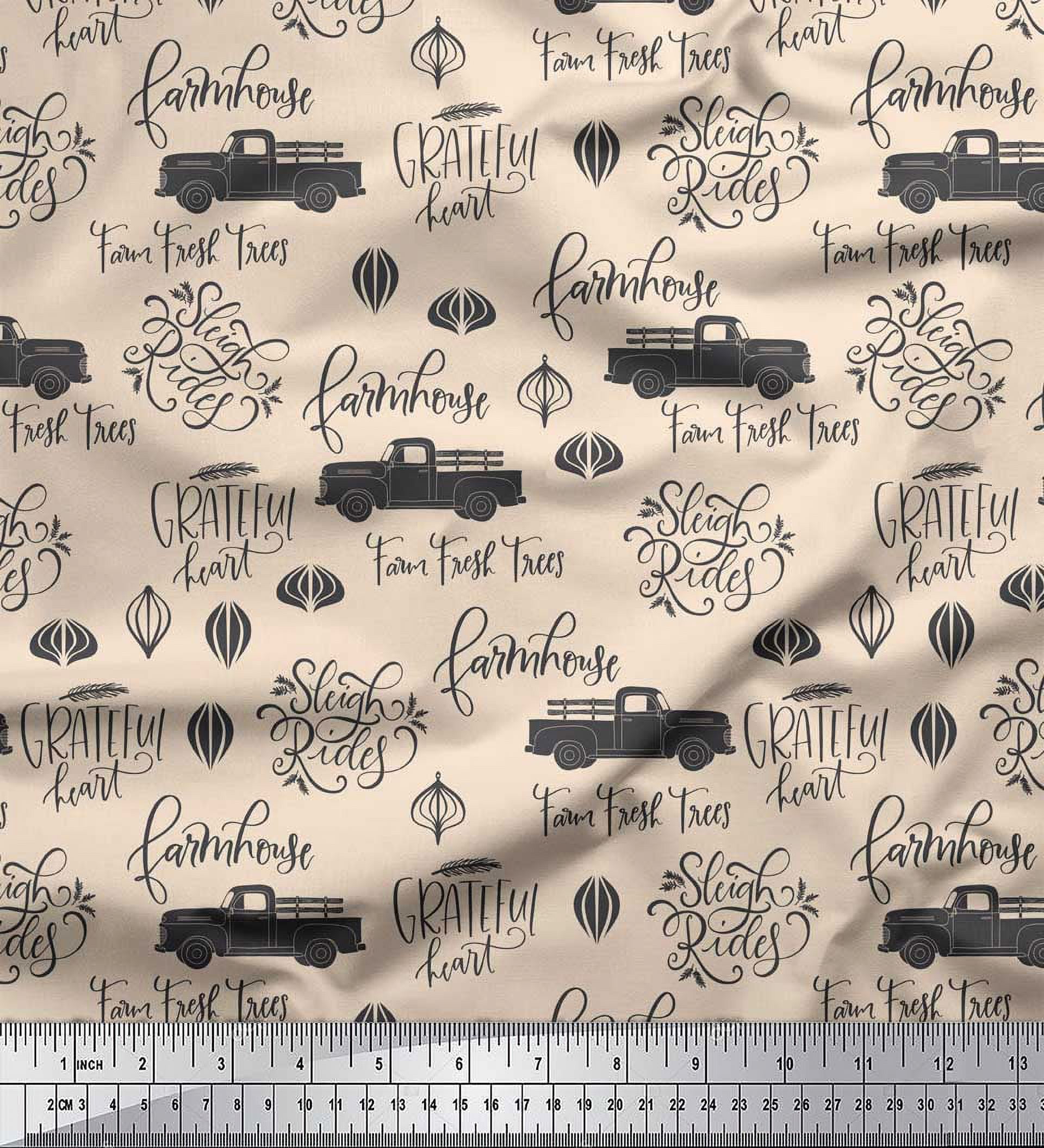 Soimoi White Silk Fabric Cartruck & Farmhouse Text Print Fabric by the ...