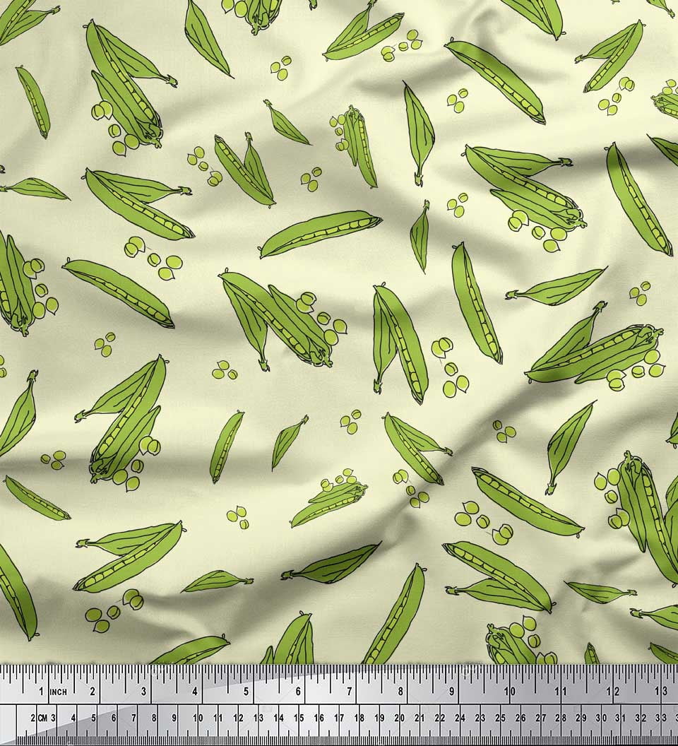 Soimoi Yellow Modal Satin Fabric Green Peas Vegetable Printed Craft ...