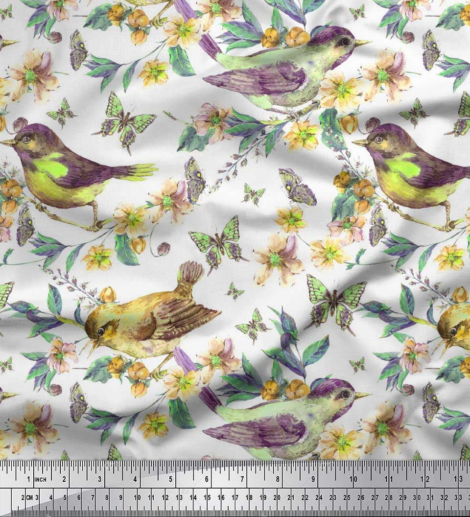 Soimoi Yellow Satin Silk Fabric Insect,Floral & American Robin Bird ...