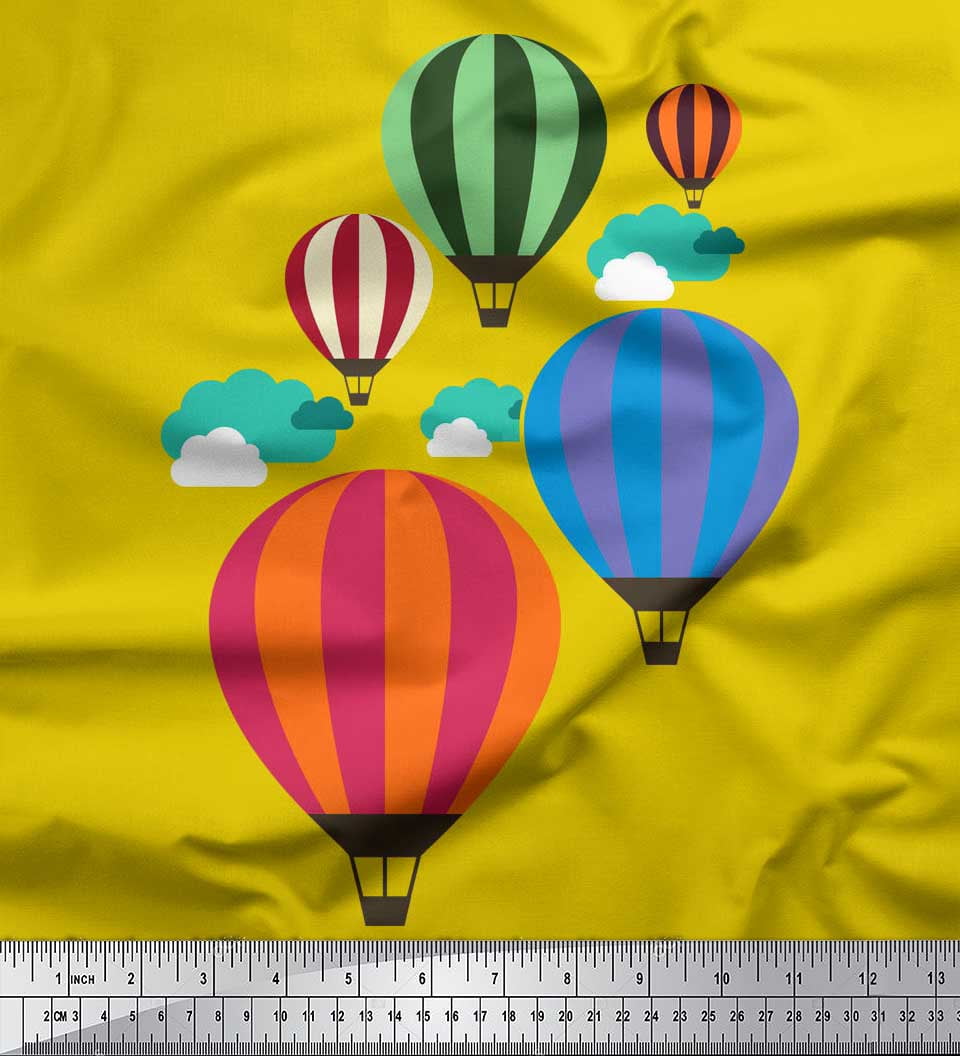 Soimoi Yellow Velvet Fabric Cloud & Hot Air Balloon Holiday Print ...