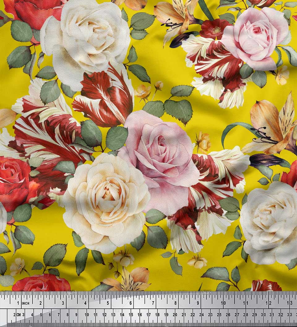 Soimoi Yellow Velvet Fabric Leaves & Rose Floral Print Fabric by Yard ...