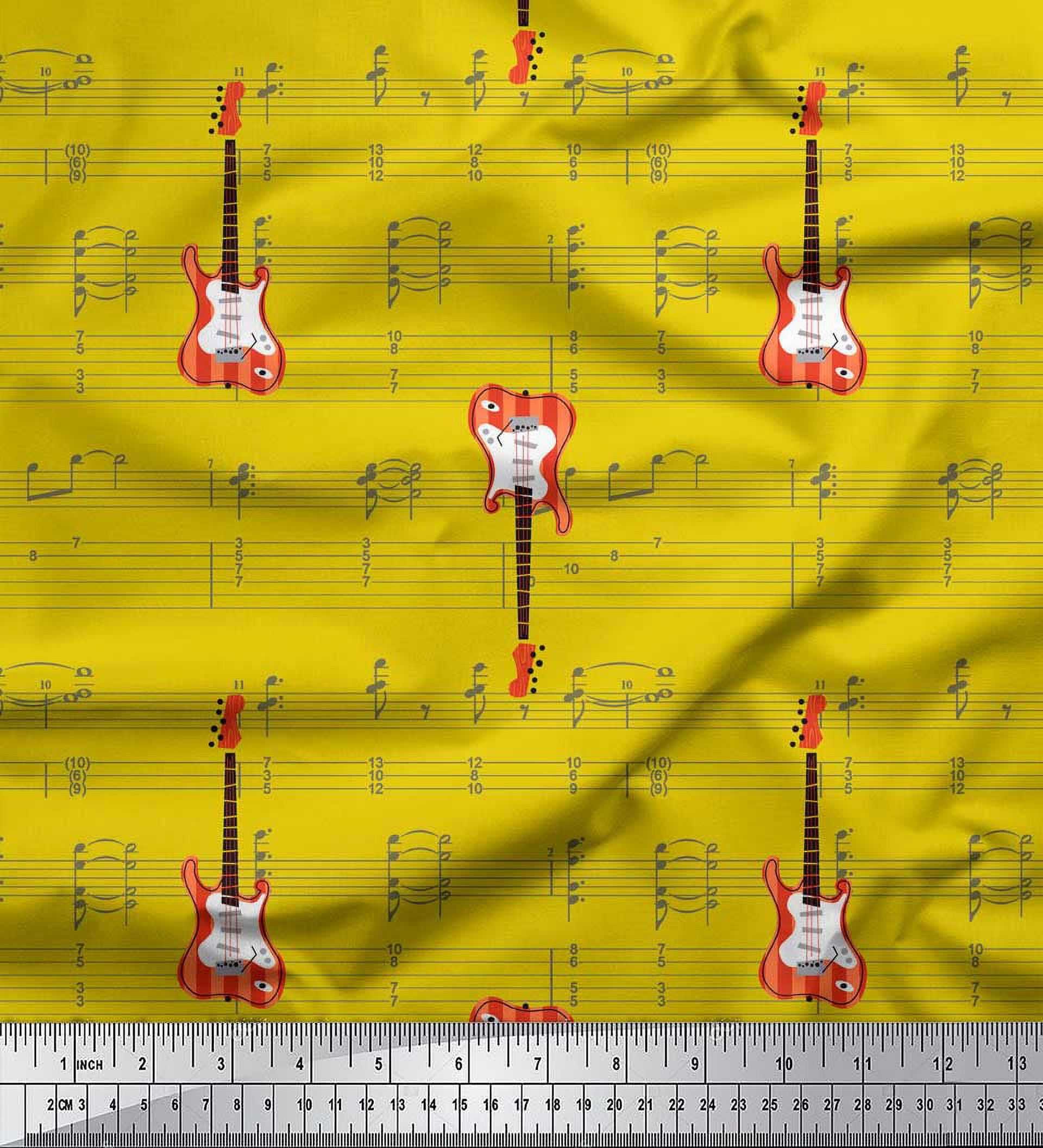 Soimoi Yellow polyester Crepe Fabric Notes & Guitar Musical Instrument ...