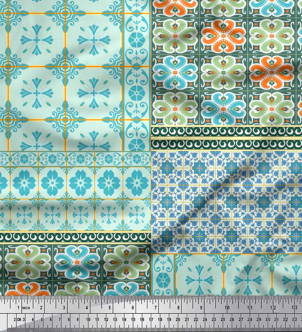 Soimoi polyester Crepe Fabric Check & Damask Patchwork Print Fabric by ...