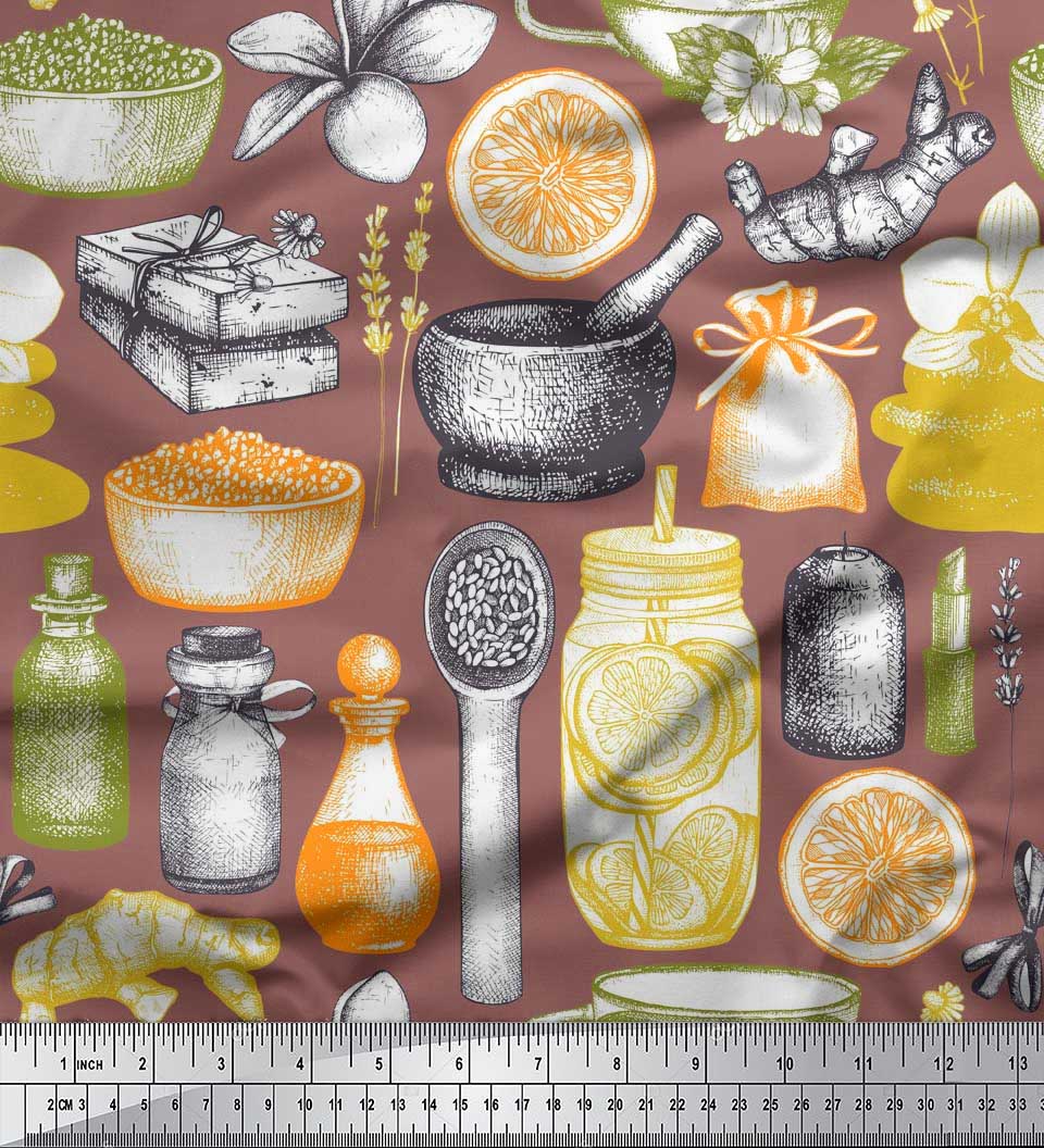 Soimoi polyester Crepe Fabric Ginger,Jar & Mortar and Pestle Kitchen ...