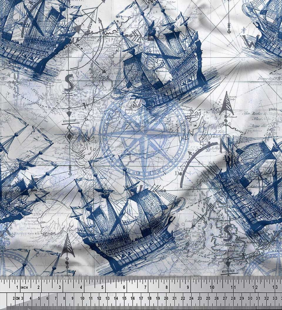 Soimoi polyester Crepe Fabric Ship & Direction Compass Nautical Print ...
