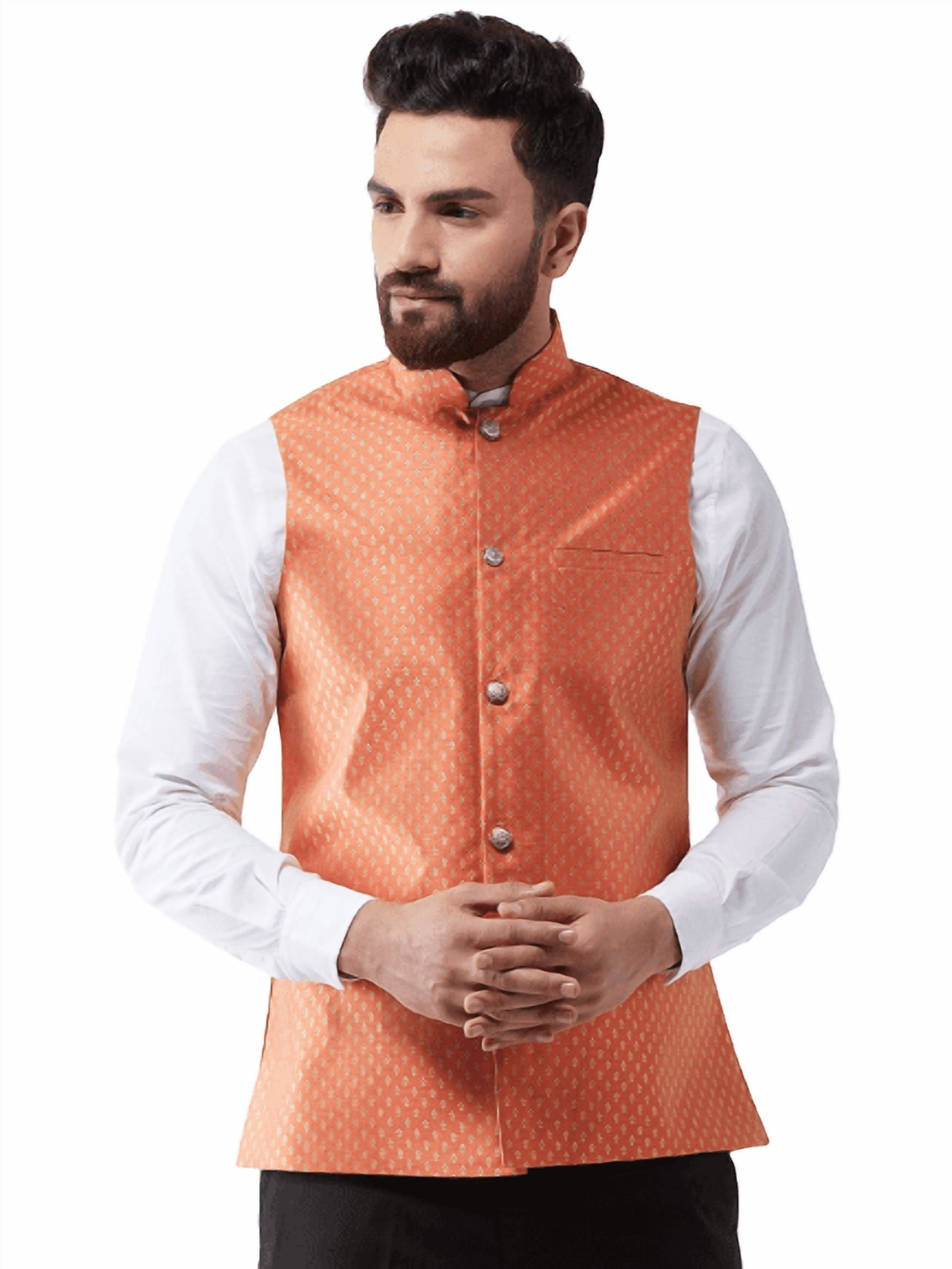 Sojanya (Since 1958) Men'S Silk Blend Orange & Gold Self Design Nehru ...