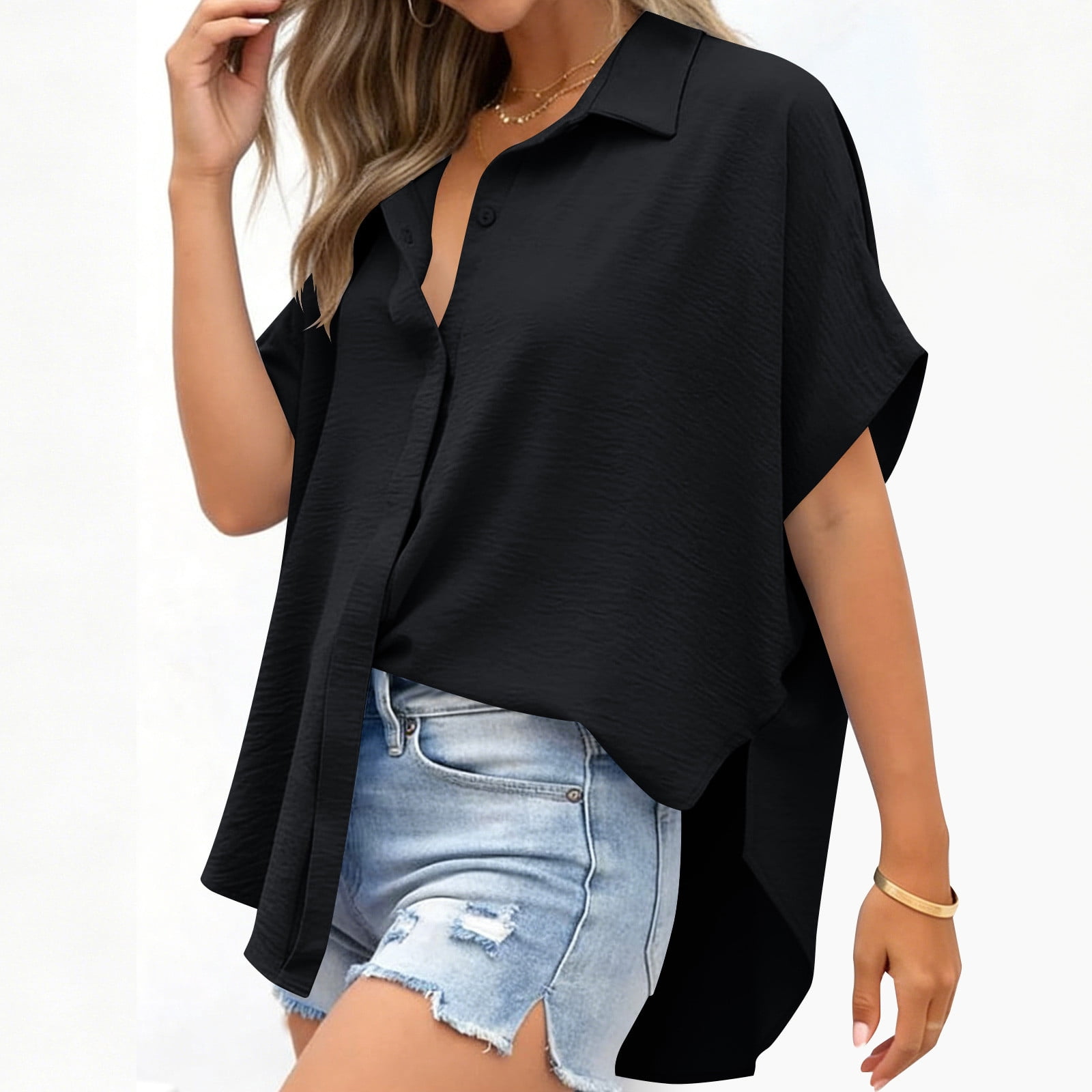Sokhug Batwing Short Sleeve for Women Turn Down Collared Button Down ...