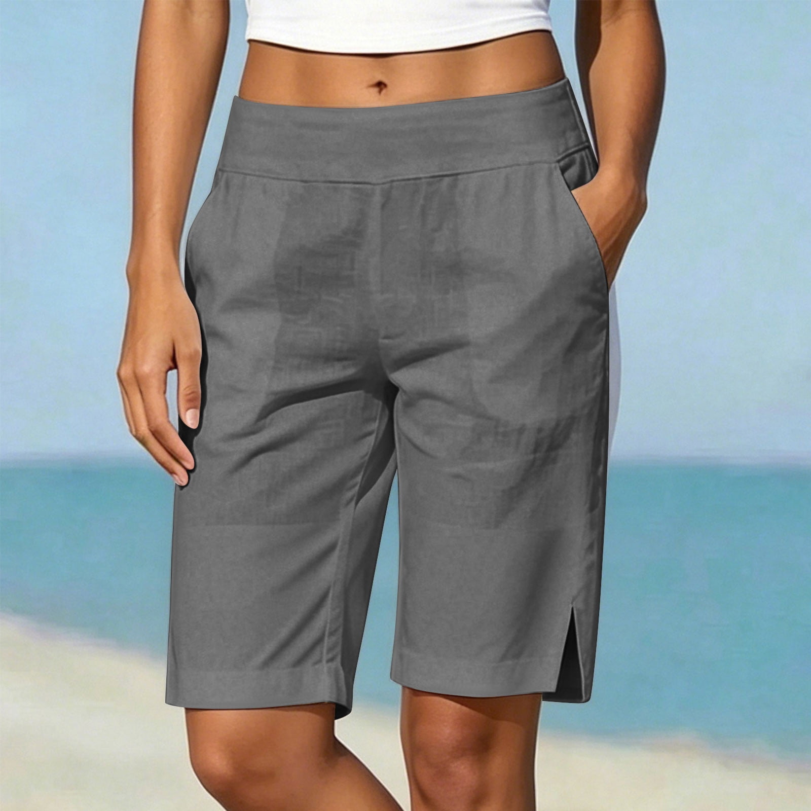 Sokhug Bermuda Shorts for Women Elastic Waist with Side Slit and ...