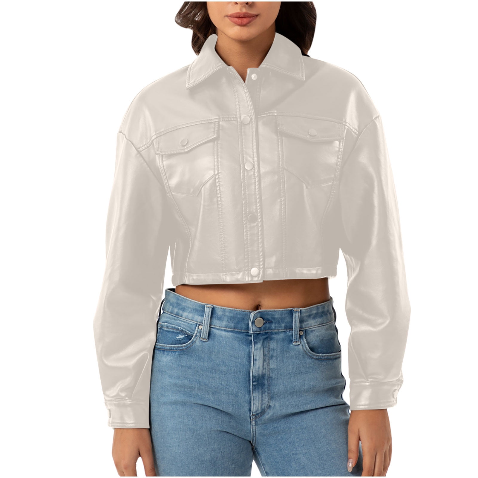 Sokhug Cropped Faux Leather Jacket for Women Long Sleeved Lapel Fashion ...