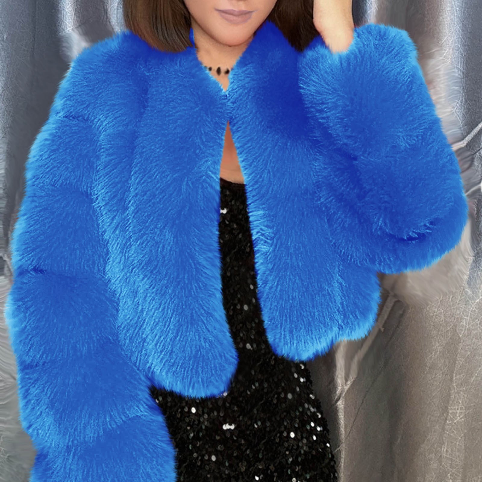 Sokhug Women Faux Fur Jackets Winter Warm Puffy Loose Stand Collar ...