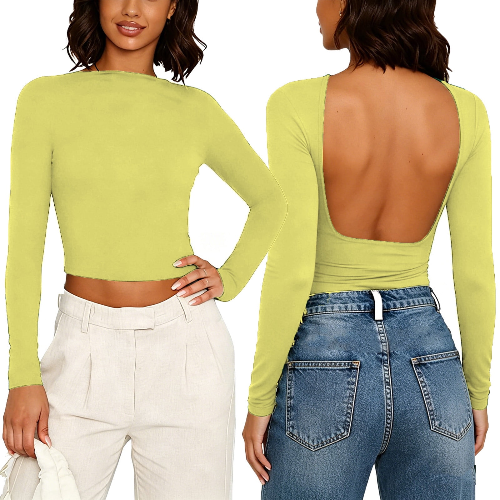 Sokhug Long Sleeve for Women Round Neck Deep U Open Back Ribbed Knit ...