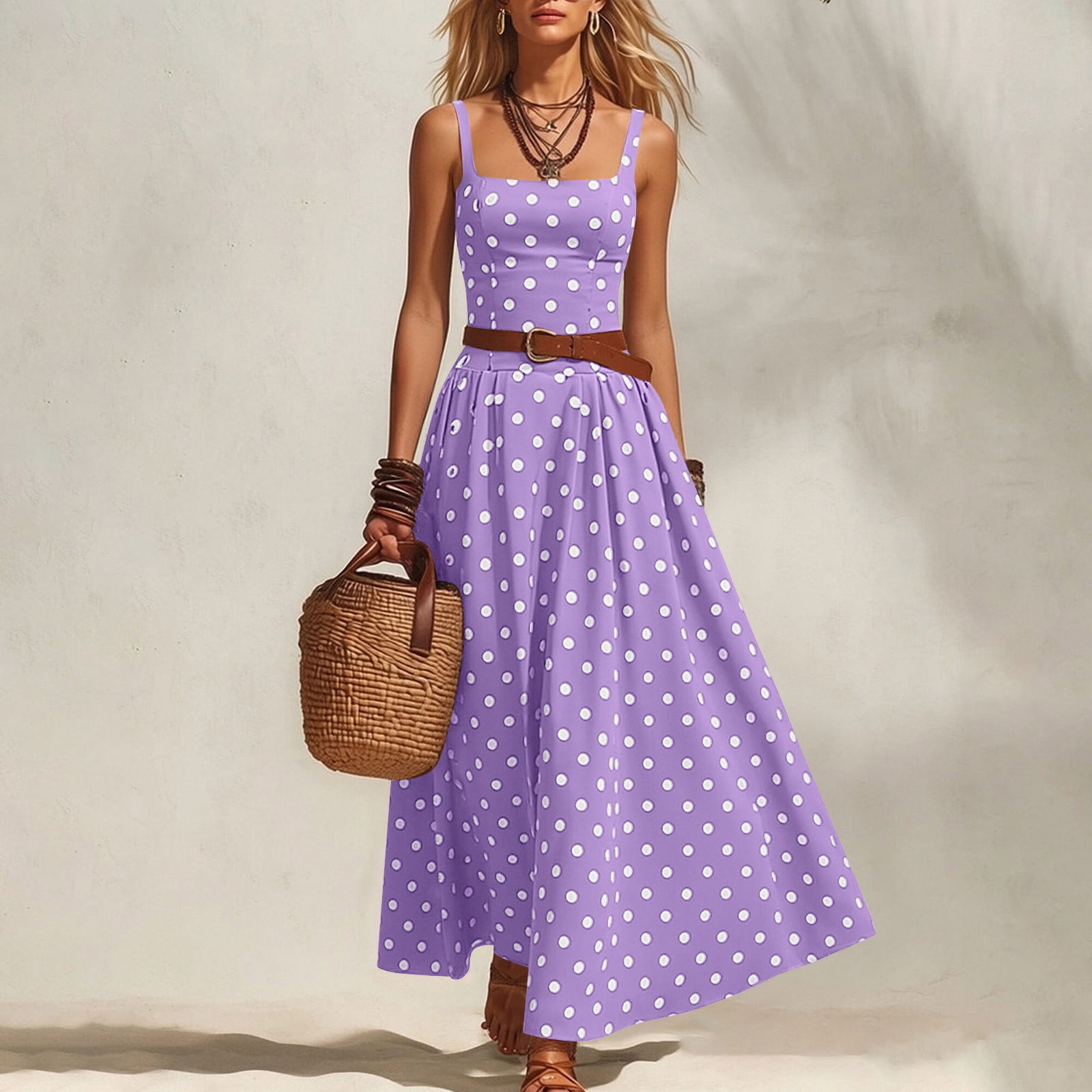 Sokhug Maxi Dresses for Women Square Neck High Waist Polka Dot A-Line ...