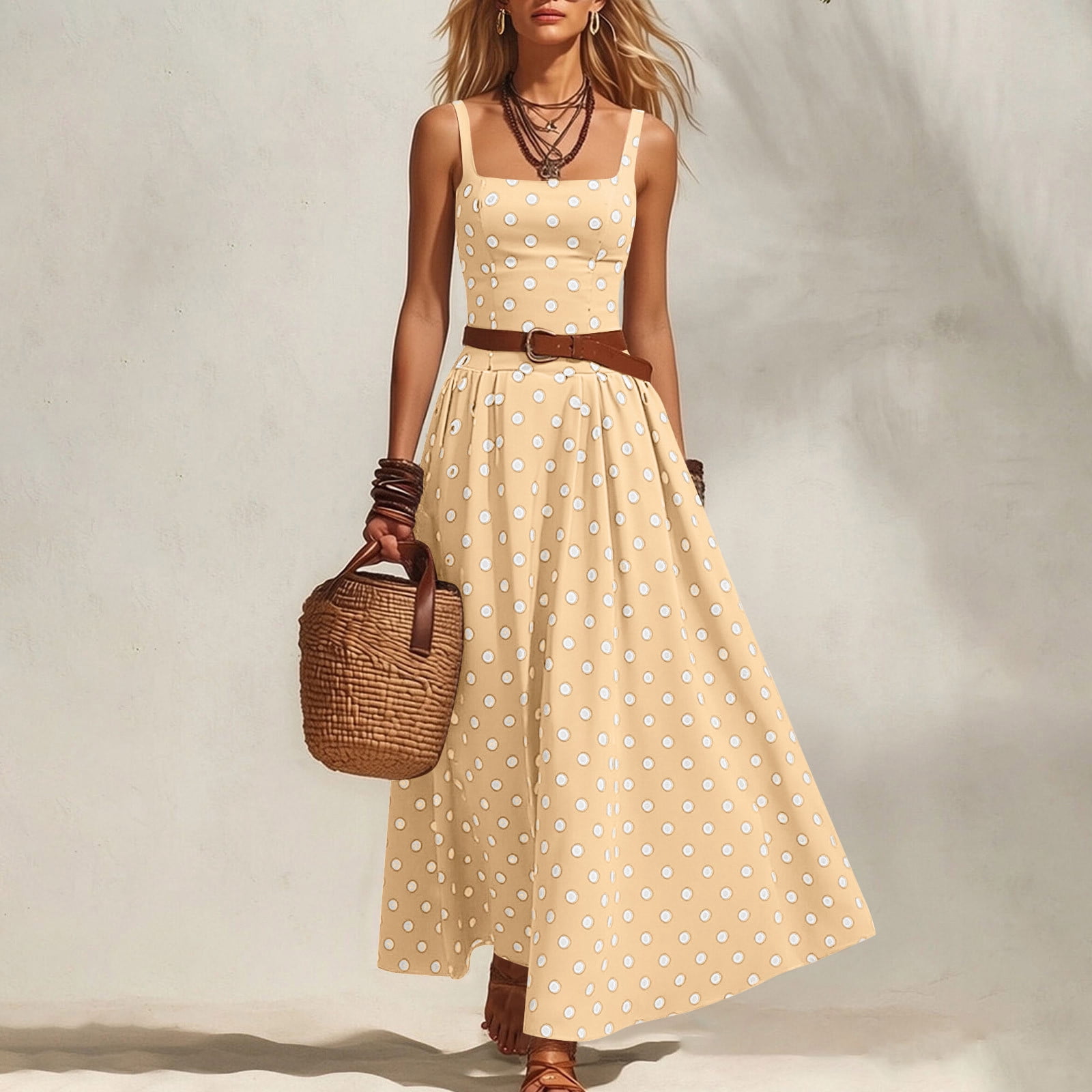 Sokhug Maxi Dresses for Women Square Neck High Waist Polka Dot A-Line ...