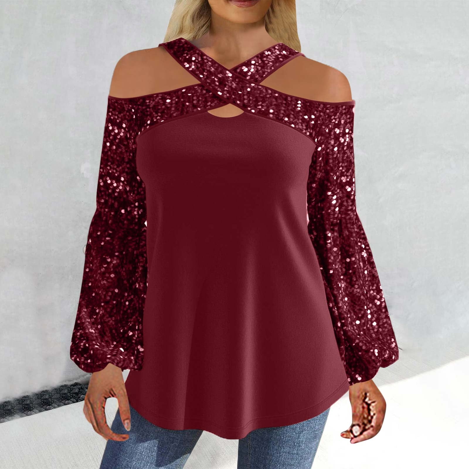 Sokhug Sequin Tops Womens Vintage Off Shoulder Long Sleeve Shirts Flowy ...