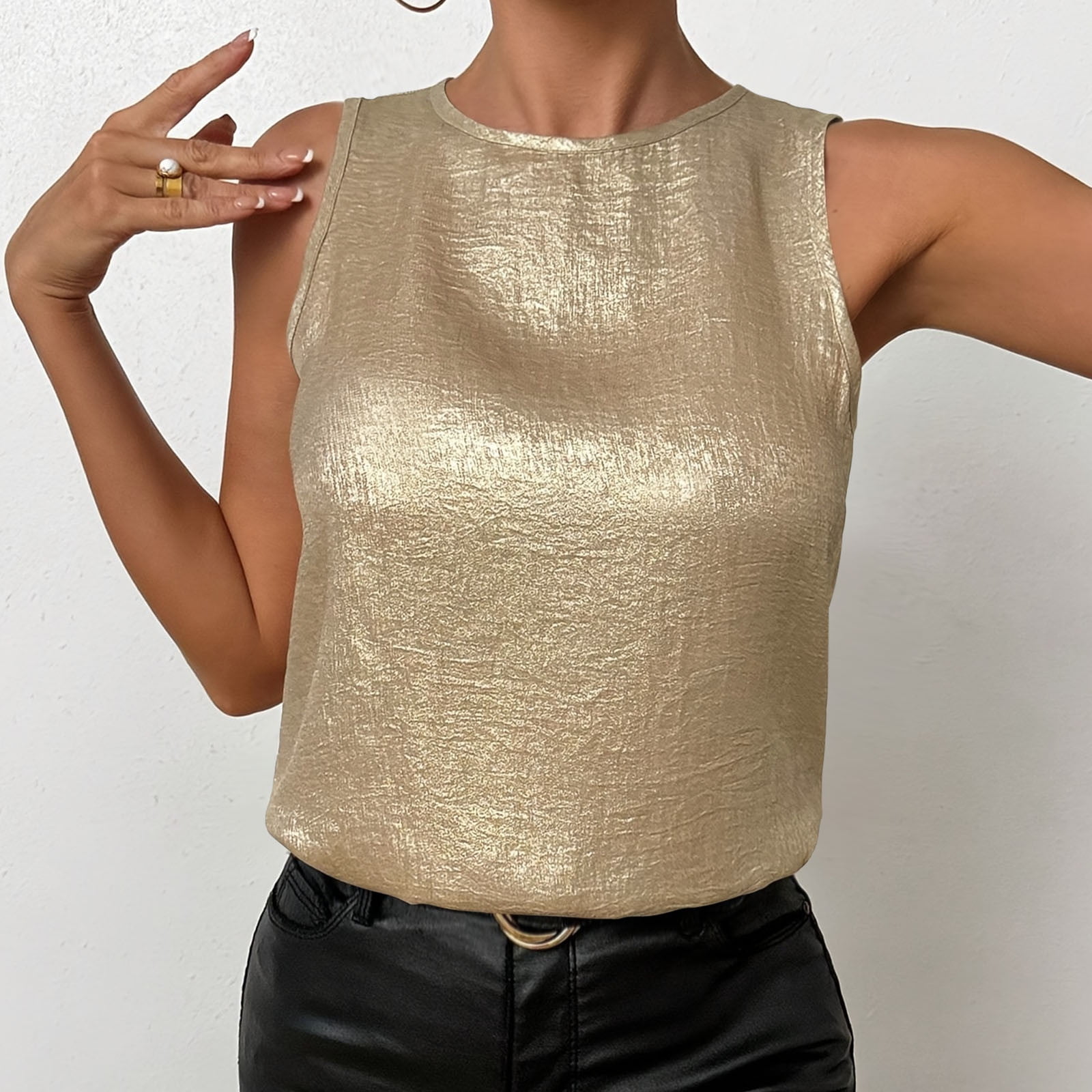 Sokhug Shiny Gold Sleeveless Button Back Tank Tops Fashion Solid Color ...
