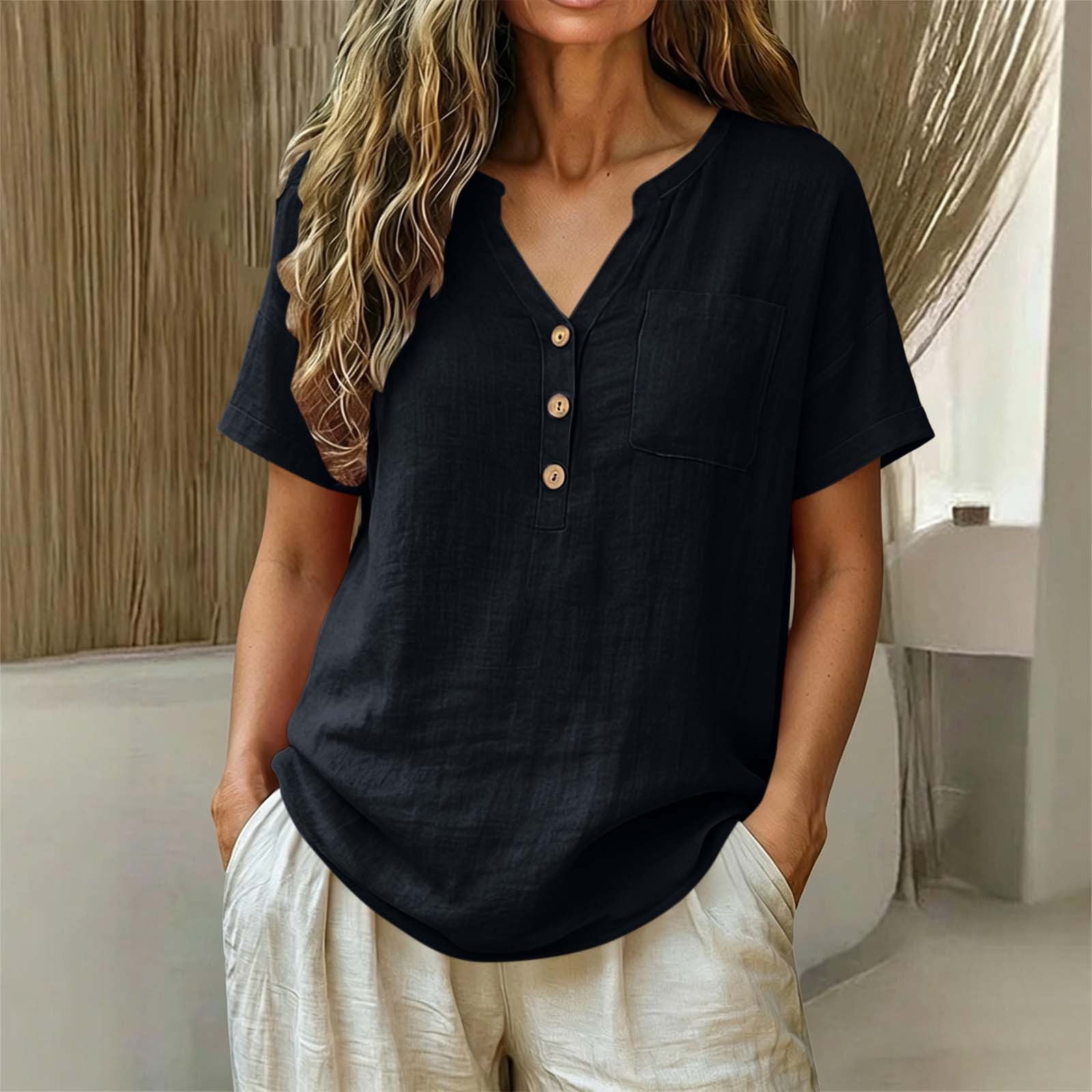 Sokhug Short Sleeve for Women Henley Shirt V Neck Button Front with ...