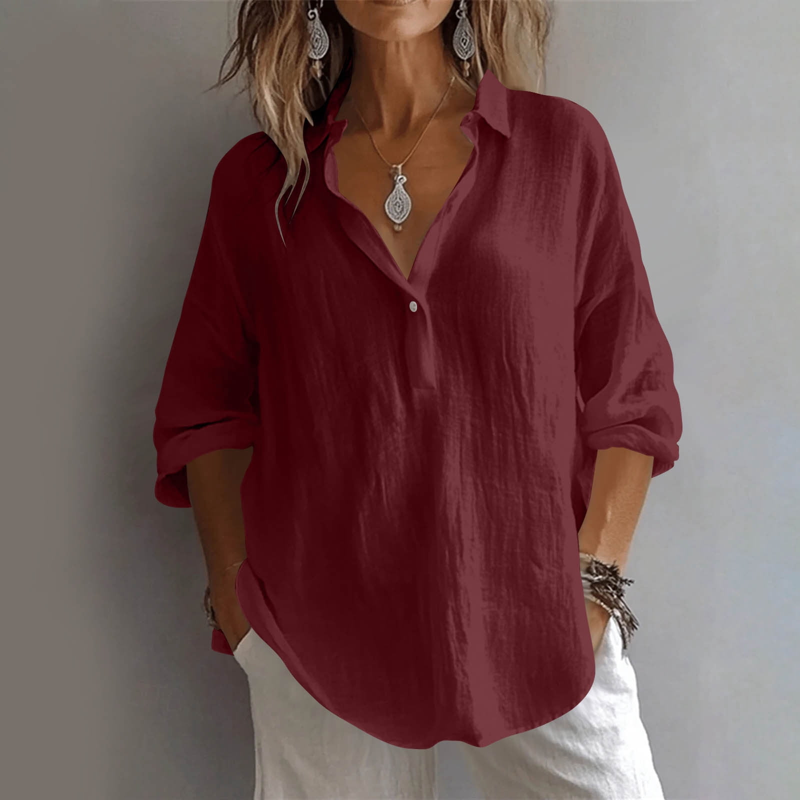 Sokhug Women's 3/4 Sleeve Cotton Blend Turn Down Collar Half Button ...