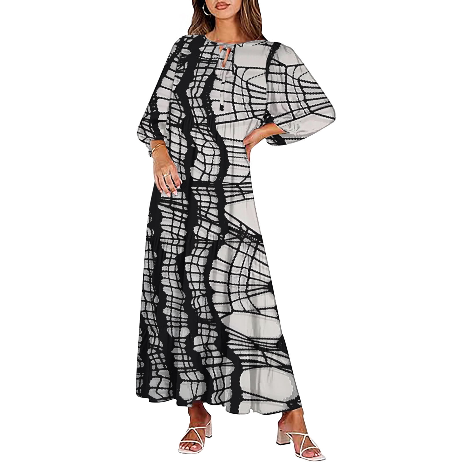Sokhug Women's Long Dreses Casual Graphic Printed Flowy Puff Sleeve V ...