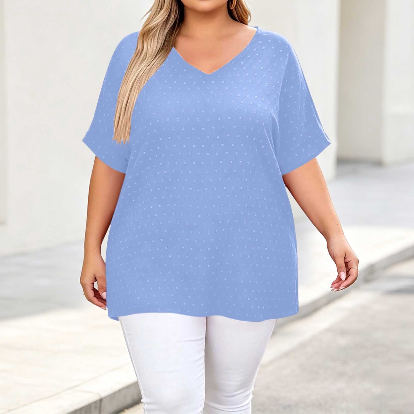 Sokhug Women's Plus Size Swiss Dot Short Sleeve Tunic Tops V Neck Loose ...