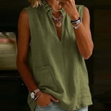 Sokhug Women's Sleeveless Blouse Ruffle V Neck with Pocket Loose Fit ...