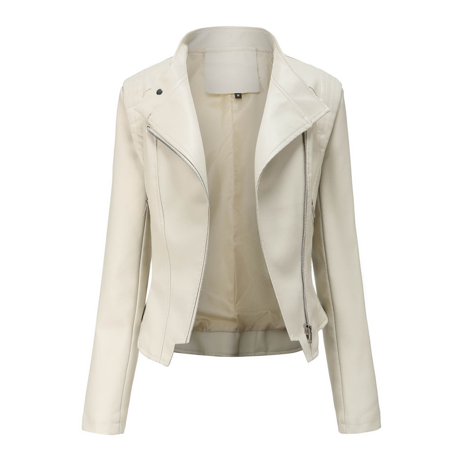 Sokhug Women's Zip Slim Faux Leather Cropped Moto Jacket, Beige - Walmart.com